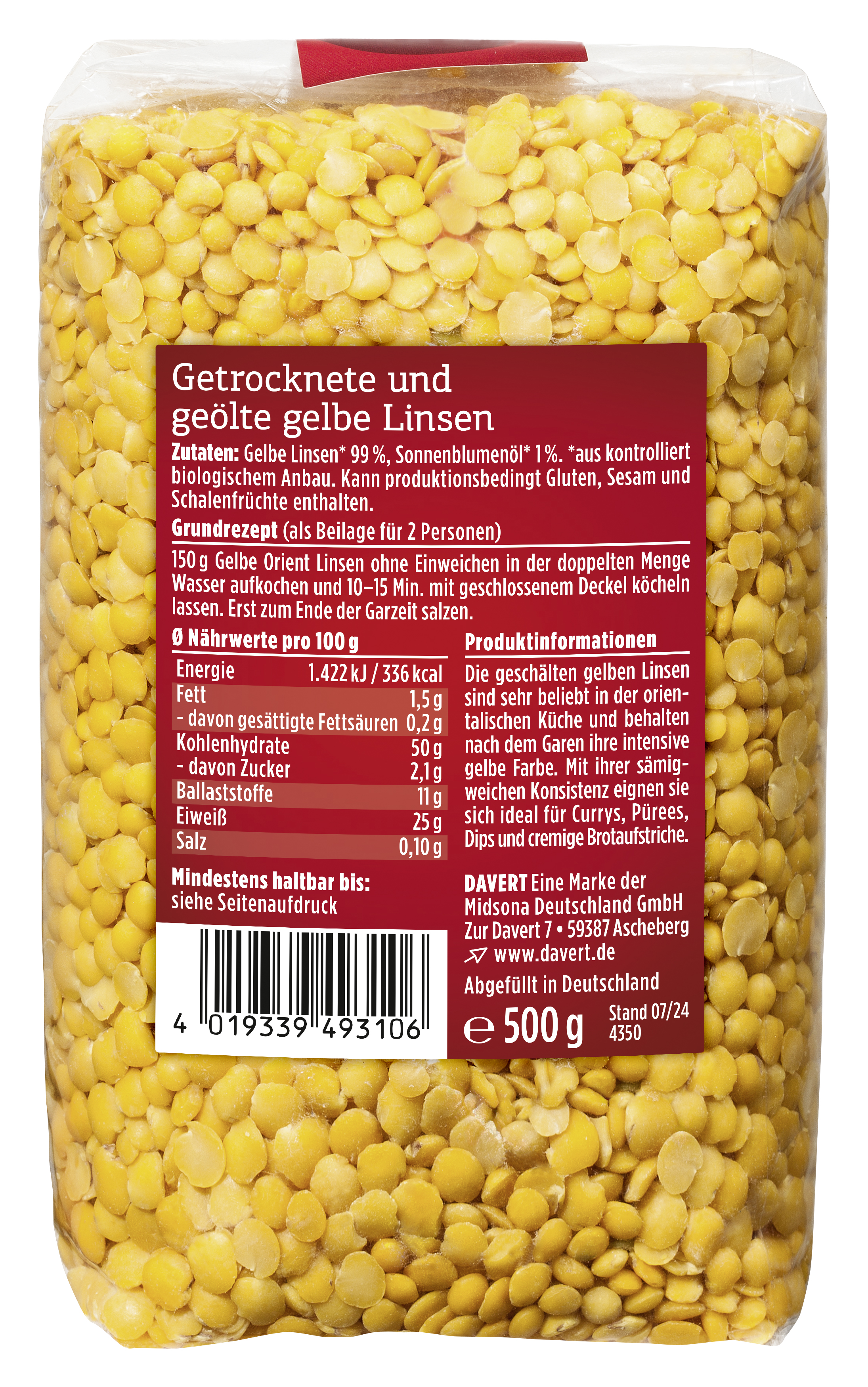 Gelbe Orient Linsen 500g | Davert Online-Shop | Bio Naturkost